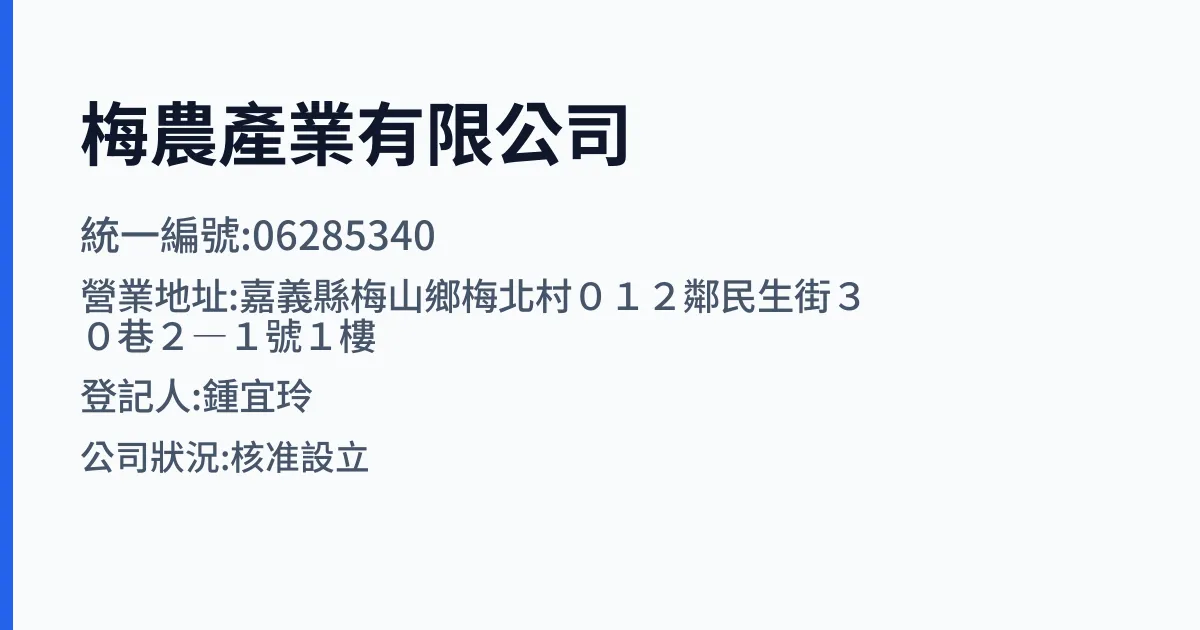梅農產業有限公司 - 統編 06285340（嘉義縣） 公司登記資料與營業項目詳細圖表