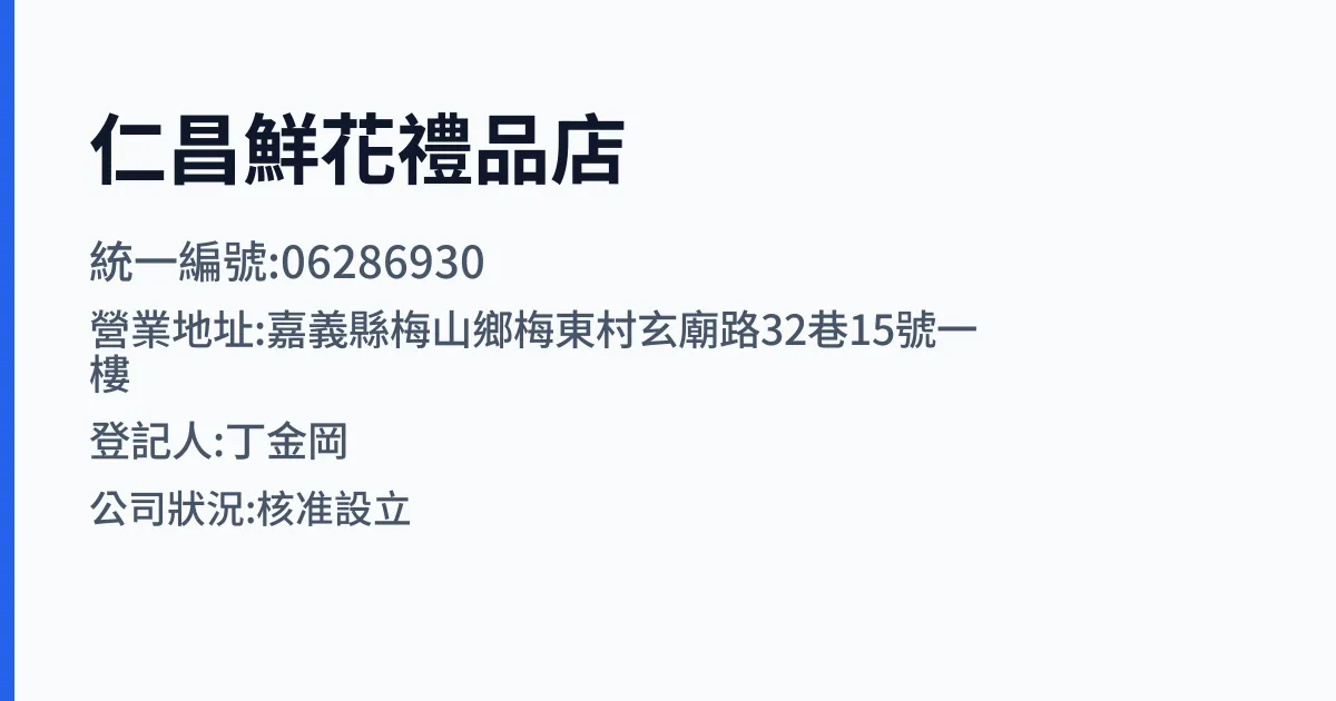 仁昌鮮花禮品店 - 統編 06286930(嘉義縣) 公司登記資料與營業項目詳細圖表