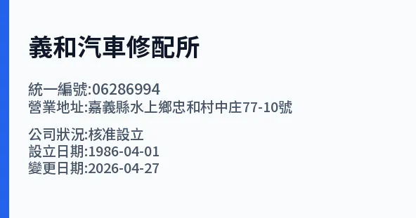 義和汽車修配所的照片-統編 06286994(嘉義縣) 公司登記資料與營業項目詳細圖表