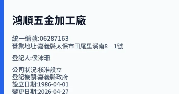 鴻順五金加工廠的照片-統編 06287163(嘉義縣) 公司登記資料與營業項目詳細圖表