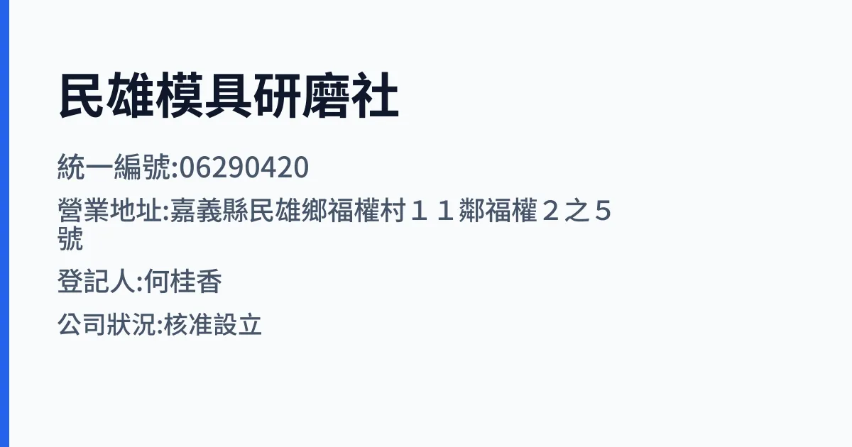 民雄模具研磨社 - 統編 06290420(嘉義縣) 公司登記資料與營業項目詳細圖表