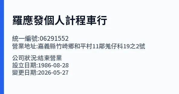 羅應發個人計程車行的照片-統編 06291552(嘉義縣) 公司登記資料與營業項目詳細圖表