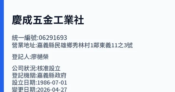 慶成五金工業社的照片-統編 06291693(嘉義縣) 公司登記資料與營業項目詳細圖表
