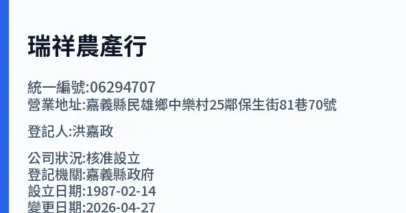 瑞祥農產行的照片-統編 06294707(嘉義縣) 公司登記資料與營業項目詳細圖表
