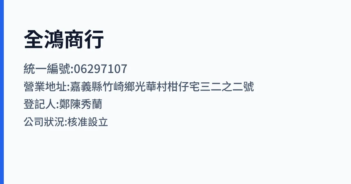 全鴻商行 - 統編 06297107(嘉義縣) 公司登記資料與營業項目詳細圖表
