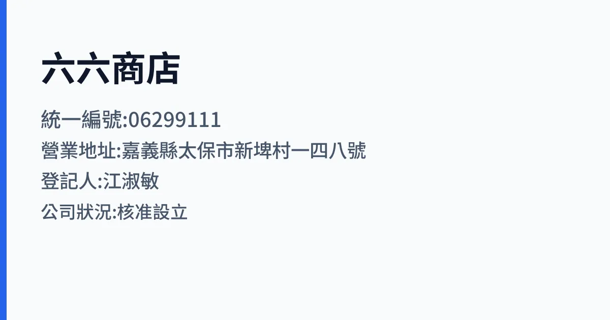 六六商店 - 統編 06299111(嘉義縣) 公司登記資料與營業項目詳細圖表