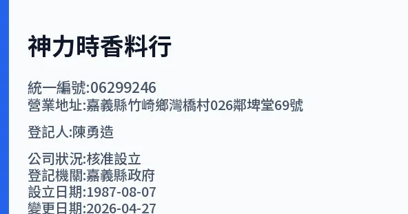 神力時香料行的照片-統編 06299246(嘉義縣) 公司登記資料與營業項目詳細圖表