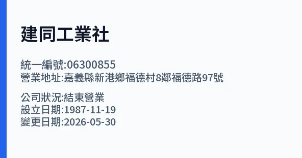 建同工業社的照片-統編 06300855(嘉義縣) 公司登記資料與營業項目詳細圖表
