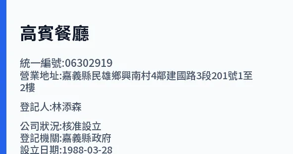 高賓餐廳的照片-統編 06302919(嘉義縣) 公司登記資料與營業項目詳細圖表
