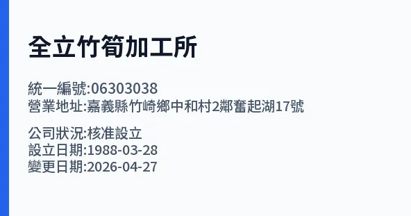 全立竹筍加工所的照片-統編 06303038(嘉義縣) 公司登記資料與營業項目詳細圖表