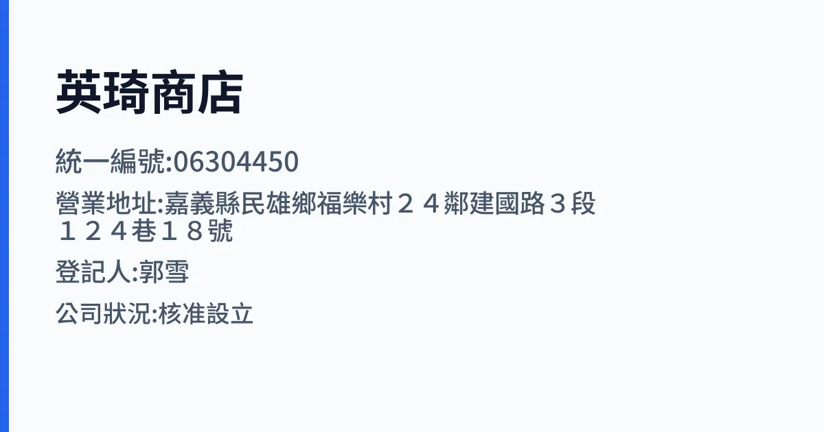 英琦商店 - 統編 06304450(嘉義縣) 公司登記資料與營業項目詳細圖表
