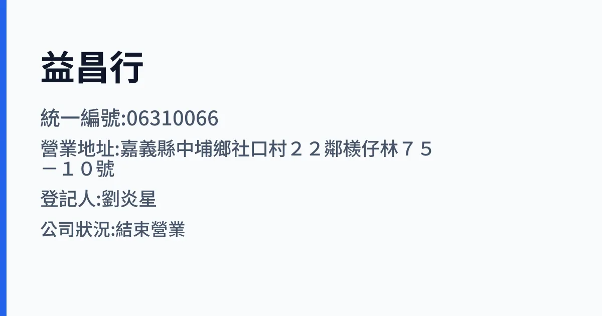 益昌行 - 統編 06310066(嘉義縣) 公司登記資料與營業項目詳細圖表