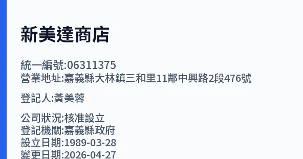 新美達商店的照片-統編 06311375(嘉義縣) 公司登記資料與營業項目詳細圖表