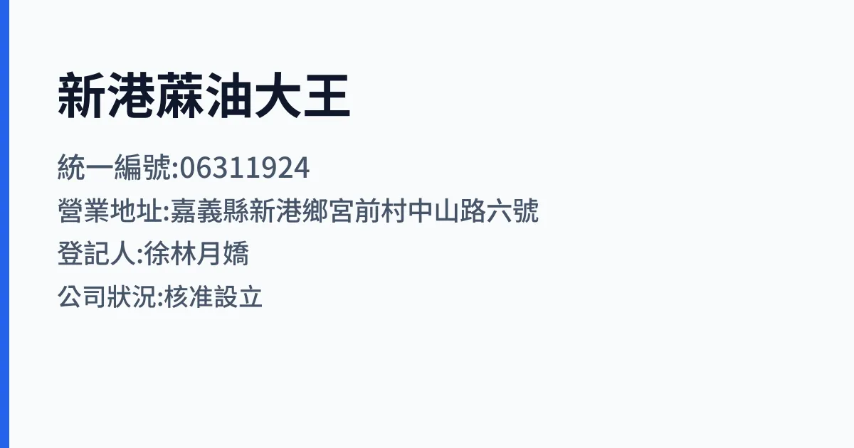 新港蔴油大王 - 統編 06311924(嘉義縣) 公司登記資料與營業項目詳細圖表