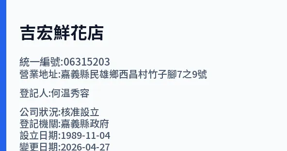 吉宏鮮花店的照片-統編 06315203(嘉義縣) 公司登記資料與營業項目詳細圖表