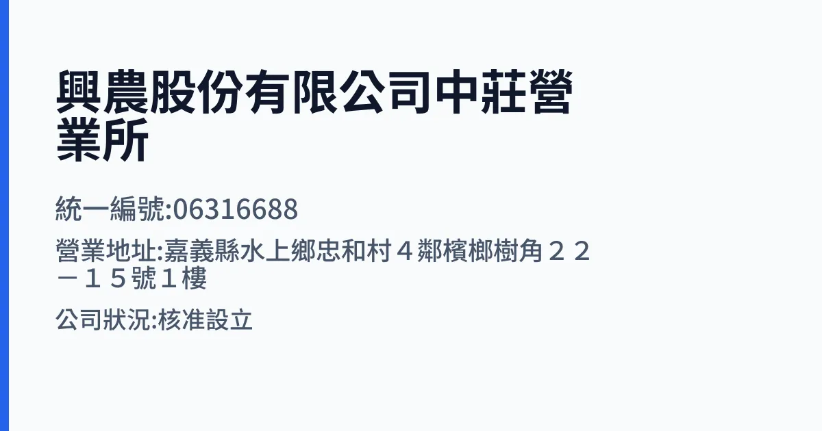 興農股份有限公司中莊營業所 - 統編 06316688(嘉義縣) 公司登記資料與營業項目詳細圖表