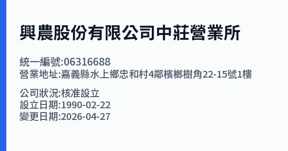 興農股份有限公司中莊營業所的照片-統編 06316688(嘉義縣) 公司登記資料與營業項目詳細圖表
