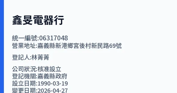 鑫旻電器行的照片-統編 06317048(嘉義縣) 公司登記資料與營業項目詳細圖表