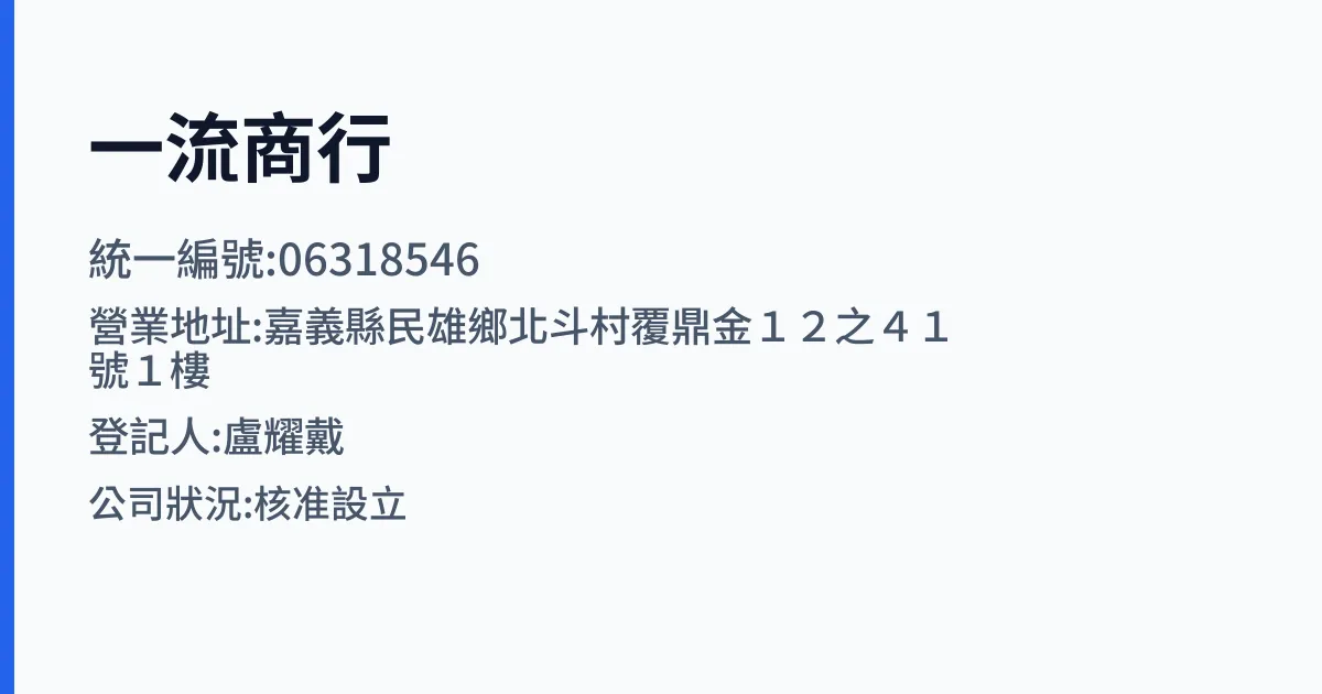 一流商行 - 統編 06318546(嘉義縣) 公司登記資料與營業項目詳細圖表