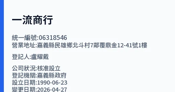 一流商行的照片-統編 06318546(嘉義縣) 公司登記資料與營業項目詳細圖表