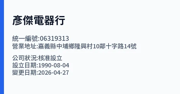 彥傑電器行的照片-統編 06319313(嘉義縣) 公司登記資料與營業項目詳細圖表
