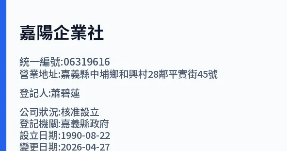 嘉陽企業社的照片-統編 06319616(嘉義縣) 公司登記資料與營業項目詳細圖表