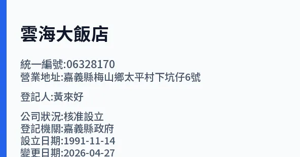 雲海大飯店的照片-統編 06328170(嘉義縣) 公司登記資料與營業項目詳細圖表
