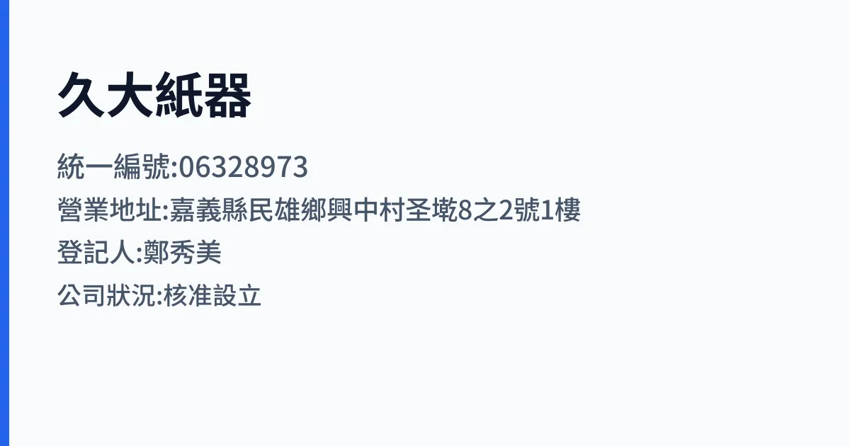 久大紙器 - 統編 06328973(嘉義縣) 公司登記資料與營業項目詳細圖表