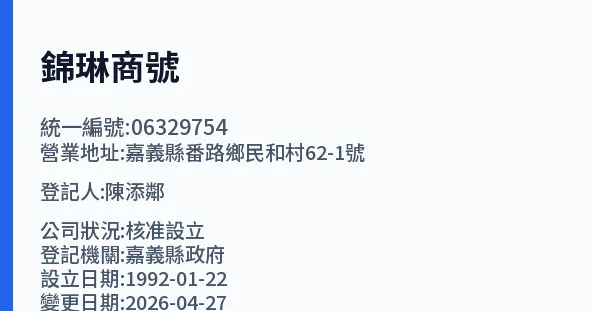 錦琳商號的照片-統編 06329754(嘉義縣) 公司登記資料與營業項目詳細圖表
