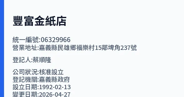 豐富金紙店的照片-統編 06329966(嘉義縣) 公司登記資料與營業項目詳細圖表