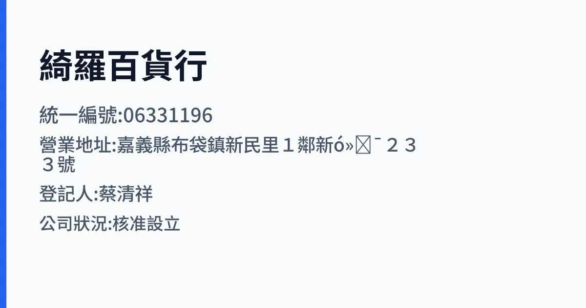 綺羅百貨行 - 統編 06331196(嘉義縣) 公司登記資料與營業項目詳細圖表