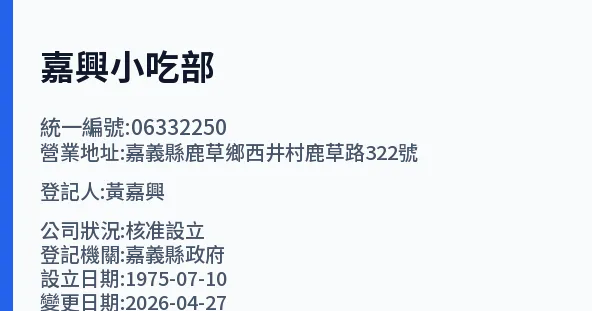 嘉興小吃部的照片-統編 06332250(嘉義縣) 公司登記資料與營業項目詳細圖表