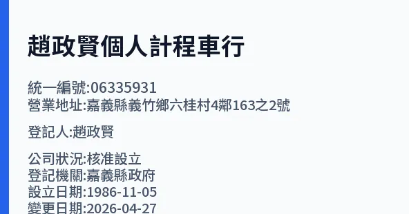 趙政賢個人計程車行的照片-統編 06335931(嘉義縣) 公司登記資料與營業項目詳細圖表