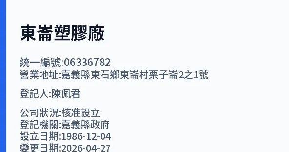東崙塑膠廠的照片-統編 06336782(嘉義縣) 公司登記資料與營業項目詳細圖表