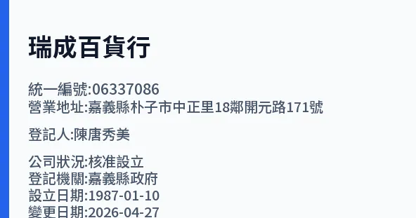 瑞成百貨行的照片-統編 06337086(嘉義縣) 公司登記資料與營業項目詳細圖表