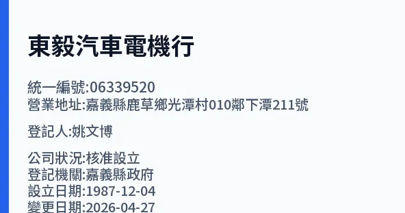 東毅汽車電機行的照片-統編 06339520(嘉義縣) 公司登記資料與營業項目詳細圖表