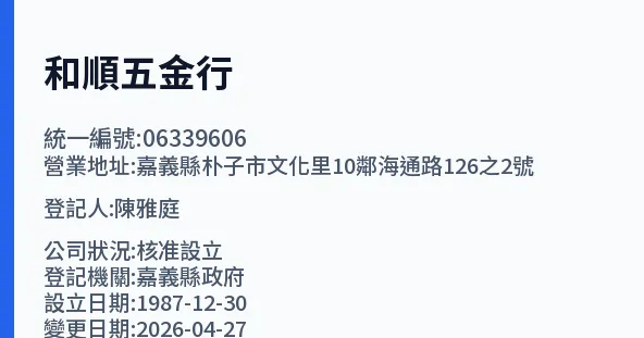 和順五金行的照片-統編 06339606(嘉義縣) 公司登記資料與營業項目詳細圖表