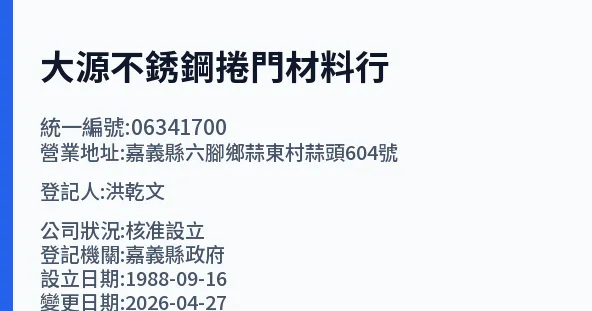 大源不銹鋼捲門材料行的照片-統編 06341700(嘉義縣) 公司登記資料與營業項目詳細圖表