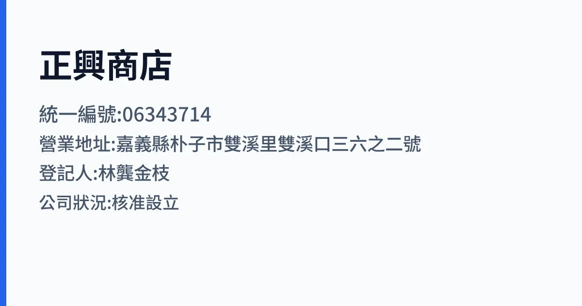 正興商店 - 統編 06343714(嘉義縣) 公司登記資料與營業項目詳細圖表