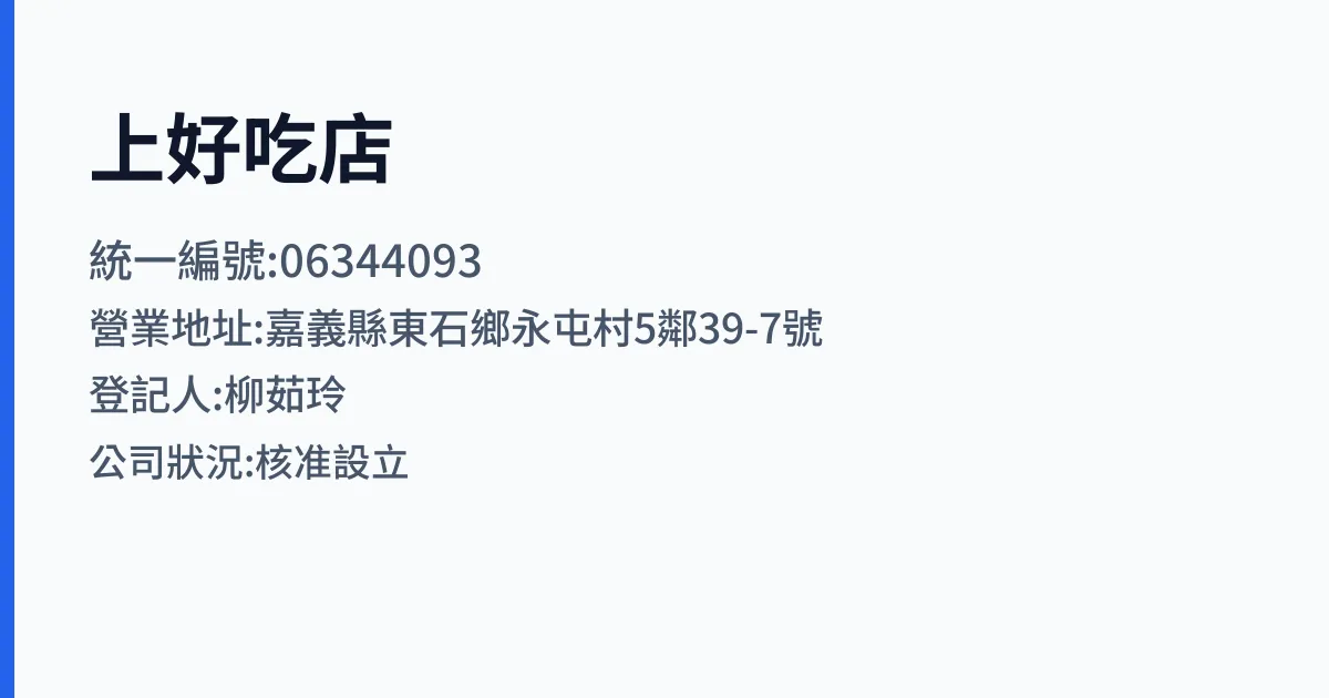上好吃店 - 統編 06344093(嘉義縣) 公司登記資料與營業項目詳細圖表