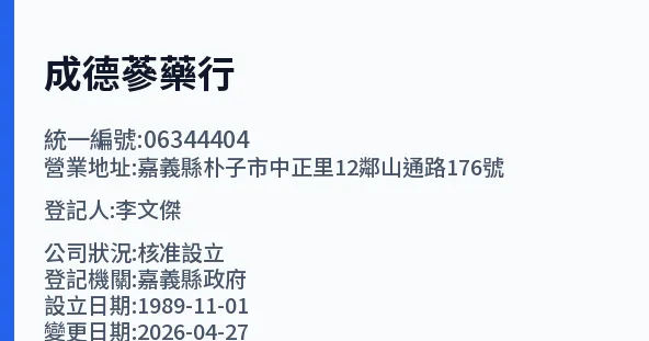 成德蔘藥行的照片-統編 06344404(嘉義縣) 公司登記資料與營業項目詳細圖表
