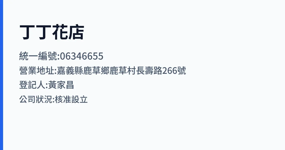 丁丁花店 - 統編 06346655(嘉義縣) 公司登記資料與營業項目詳細圖表