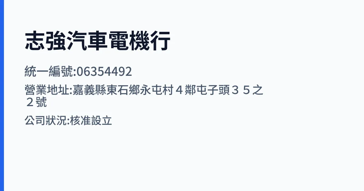 志強汽車電機行 - 統編 06354492(嘉義縣) 公司登記資料與營業項目詳細圖表