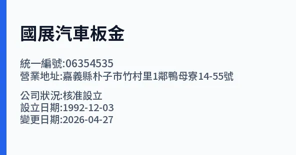 國展汽車板金的照片-統編 06354535(嘉義縣) 公司登記資料與營業項目詳細圖表