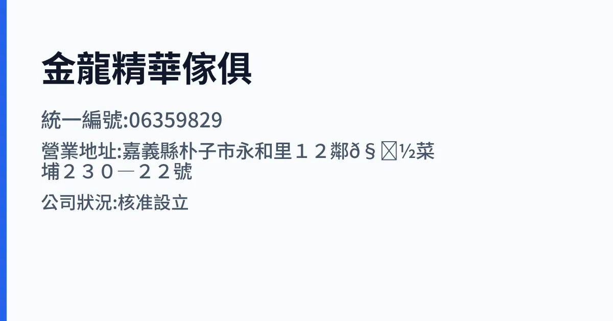 金龍精華傢俱 - 統編 06359829(嘉義縣) 公司登記資料與營業項目詳細圖表