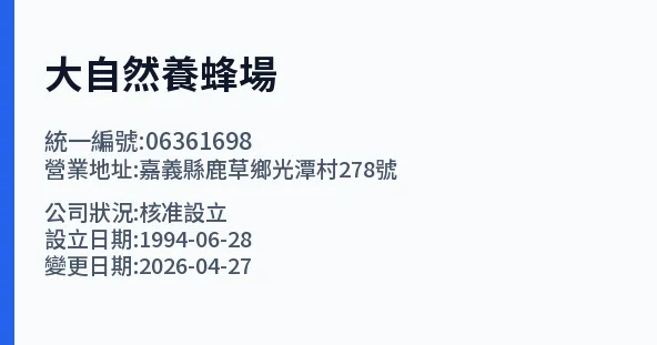大自然養蜂場的照片-統編 06361698(嘉義縣) 公司登記資料與營業項目詳細圖表