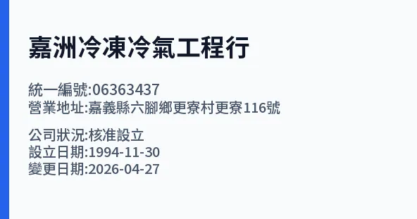 嘉洲冷凍冷氣工程行的照片-統編 06363437(嘉義縣) 公司登記資料與營業項目詳細圖表