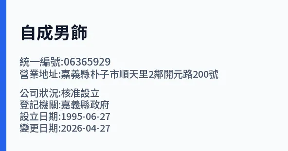 自成男飾的照片-統編 06365929(嘉義縣) 公司登記資料與營業項目詳細圖表