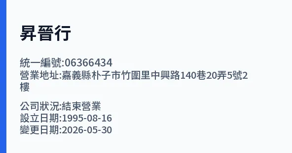 昇晉行的照片-統編 06366434(嘉義縣) 公司登記資料與營業項目詳細圖表