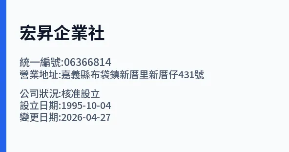 宏昇企業社的照片-統編 06366814(嘉義縣) 公司登記資料與營業項目詳細圖表